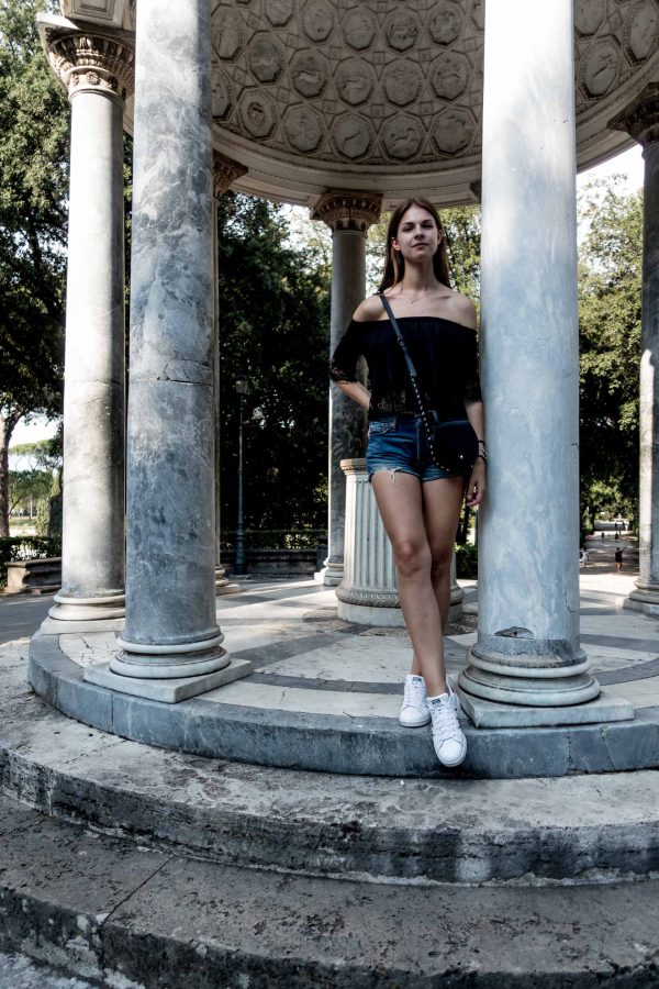 Rome Travel Outfit No. 3: denim shorts and an off-shoulder shirt