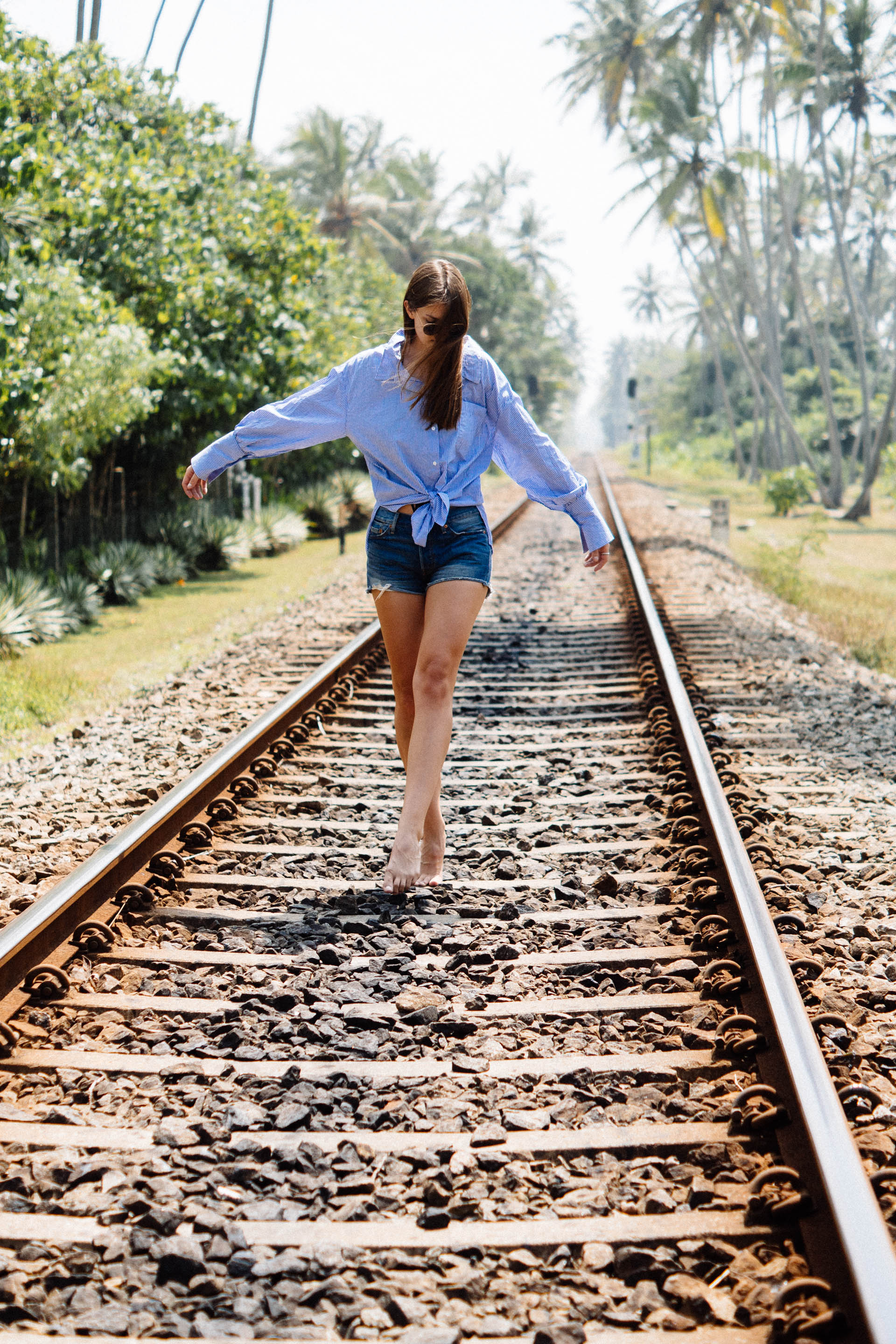 Railway Tracks in Sri Lanka || Striped Shirt and Denim Shorts